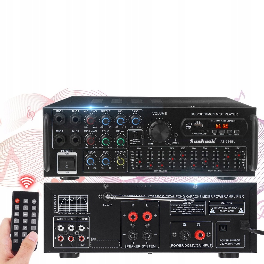 AMPLITUNER WZMACNIACZ STEREO RADIO MP3 BLUETOOTH 1200W - 15444462559 - oficjalne archiwum Allegro