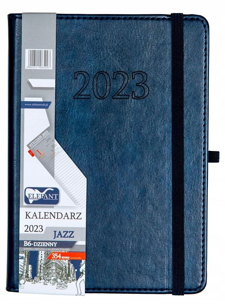 KALENDARZ 2023 B6 DZIENNY JAZZ GRANATOWY ELEFANT - 12459631375 - oficjalne archiwum Allegro