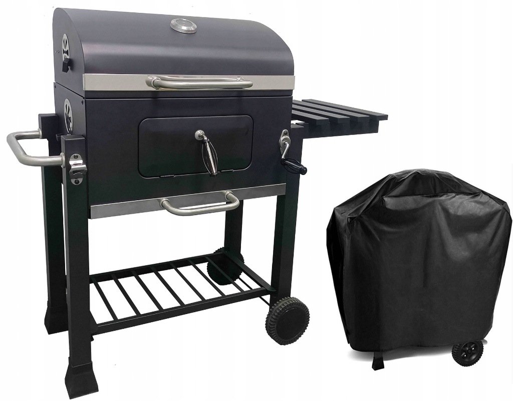 GRILL WĘGLOWY OGRODOWY ŻELIWNY RUSZT Z POKRYWĄ POPIELNIK TERMOMETR ...