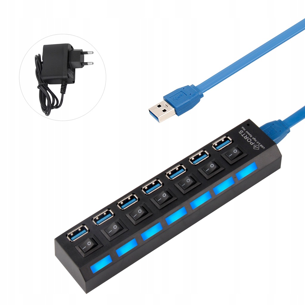 USB3,0 HUB Aktywny Rozdzielacz 7 Porty Zasilacz - 10581770588 ...