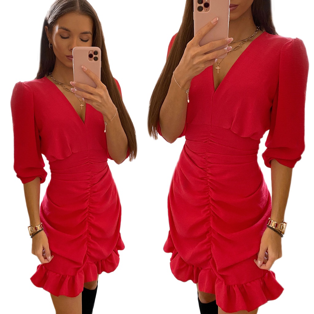 SUKIENKA KOBIECA MUŚLIN MARSZCZENIA DEKOLT KOLORY - 11597815635 - oficjalne archiwum Allegro