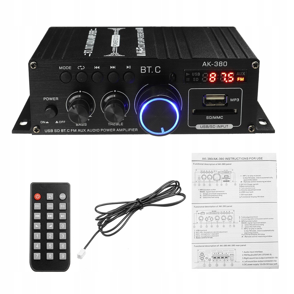 AMPLITUNER WZMACNIACZ STEREO BLUETOOTH USB 12V - 11869696234 - oficjalne archiwum Allegro