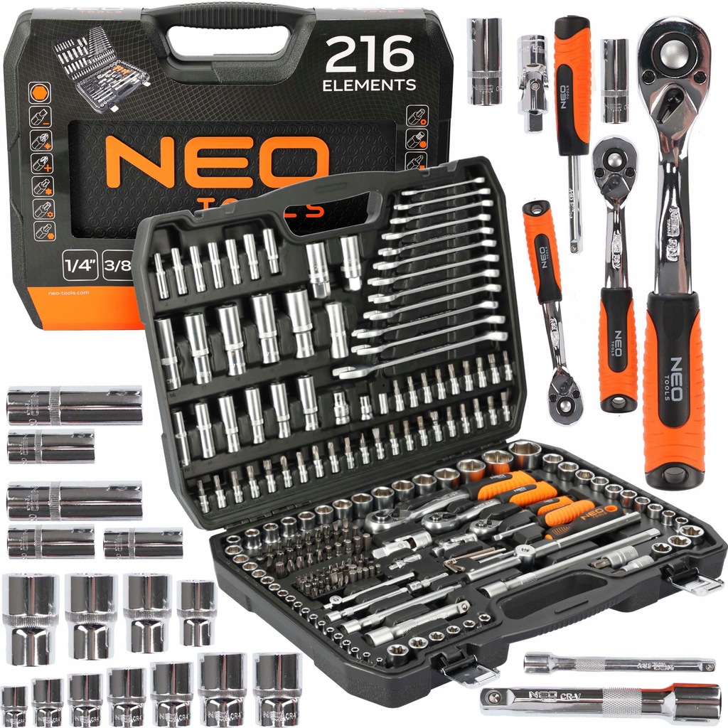 Zestaw klucze nasadowe 1/2 3/8 1/4 216 el. NEO - 12492173762 - oficjalne archiwum Allegro