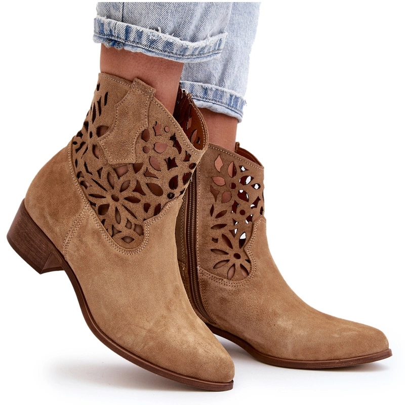 BOTKI KOWBOJKI AŻUROWE NA NISKIM OBCASIE ZAMSZOWE ZAZOO 3404 BEŻOWE 39 - 17048894289 - oficjalne ...