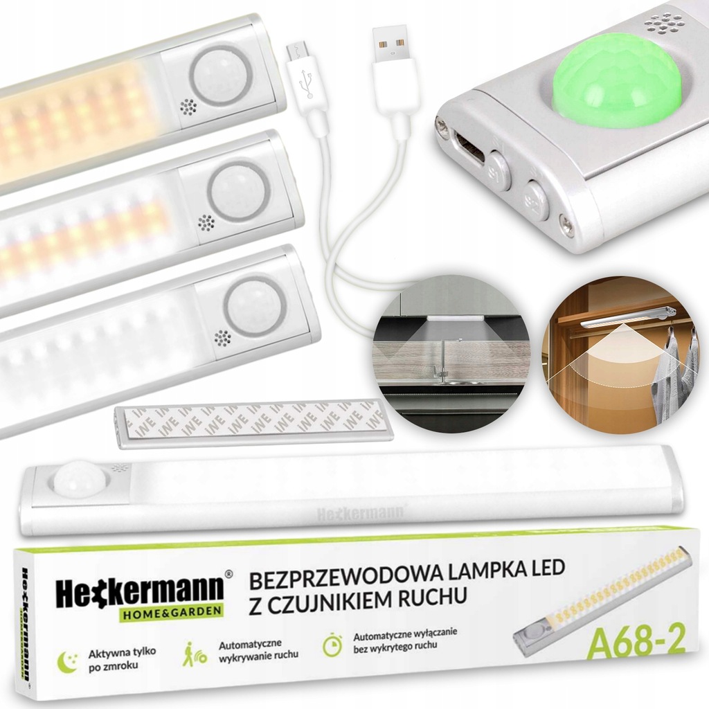 LAMPKA SAMOPRZYLEPNA Z CZUJNIKIEM RUCHU DO SZAFY LISTWA NOCNA 80x LED ...