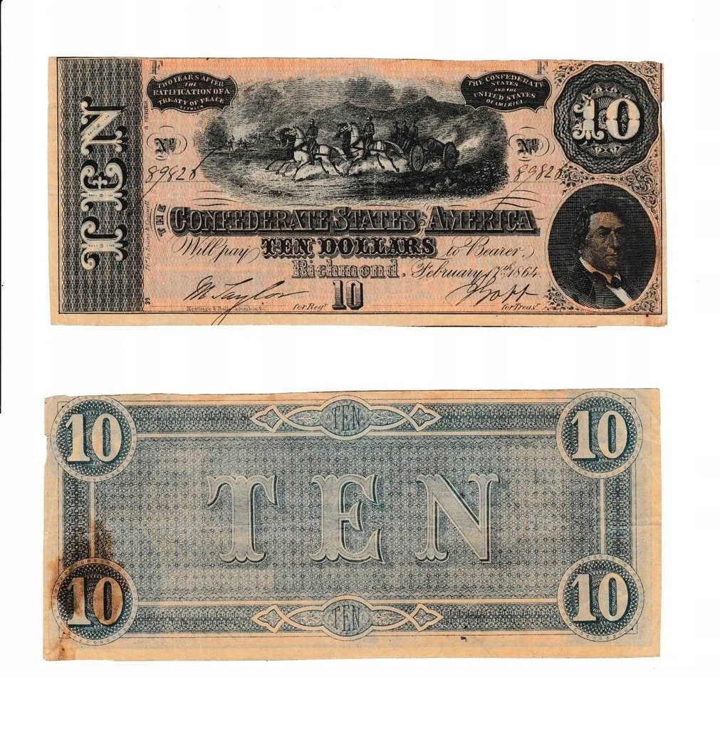 KONFEDERACJA BANKNOT 10 DOLLAR 1864 CONFEDERATE - 13213777998 ...