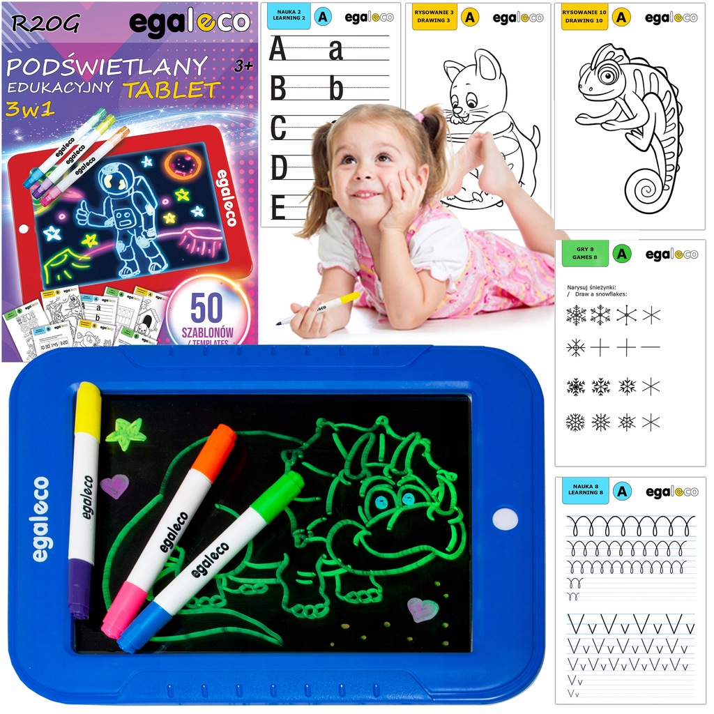 TABLET GRAFICZNY DO RYSOWANIA TABLICA LED 50 kart - 12893782064 ...