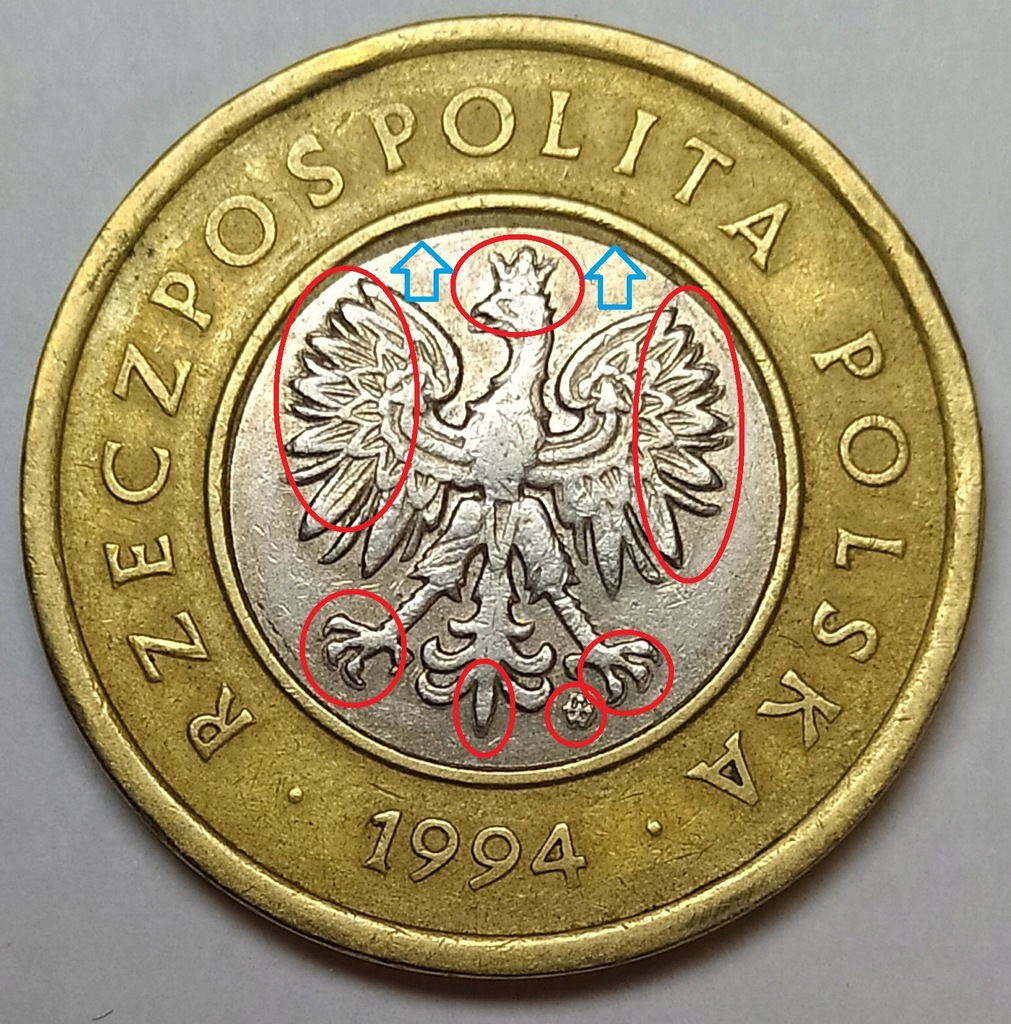2 złote 1994 zdwojenia wokół orła przesunięty rdze - 14464911703 ...