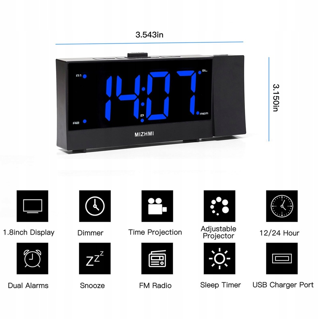 Alarm Clock Radio USB Timer Projection on Ceiling Wall Dual Alarm LED ...