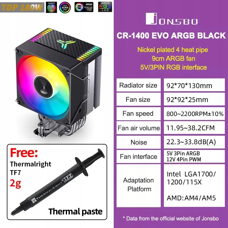 JONSBO CR1400 EVO CPU Cooler 4 Heat Pipe ARGB PWM Processador Tower Air ...