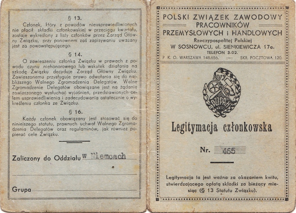 LEGITYMACJA 1935 R PZZ P P I HANDLU RP SOSNOWIEC - 15187966562 - oficjalne archiwum Allegro
