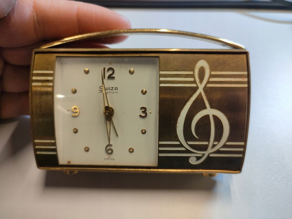 Zegar budzik z pozytywką lata 50, SWIZA mignon Szwajcar, pozytywka ...