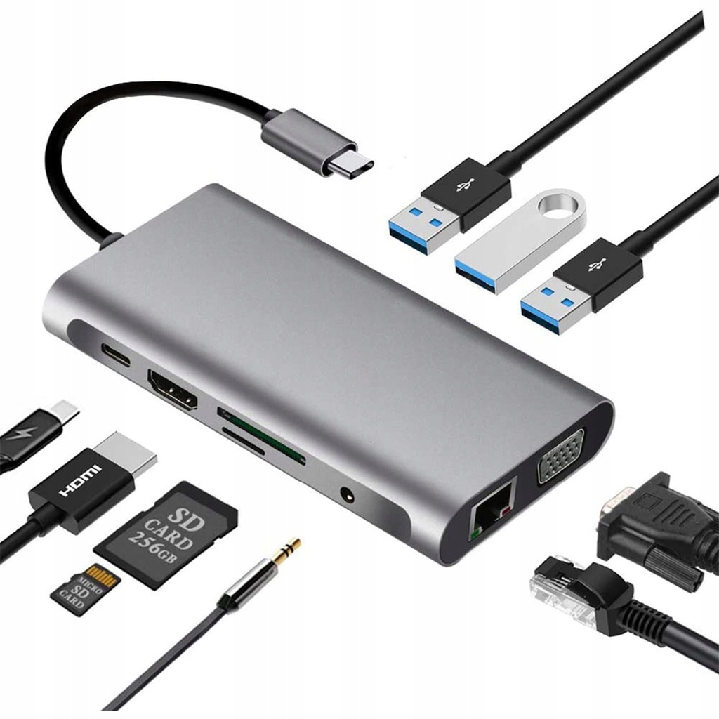 HUB USB-C 10w1 Adapter HDMI 4K VGA Jack SD PD 100W - 11987919151 - oficjalne archiwum Allegro
