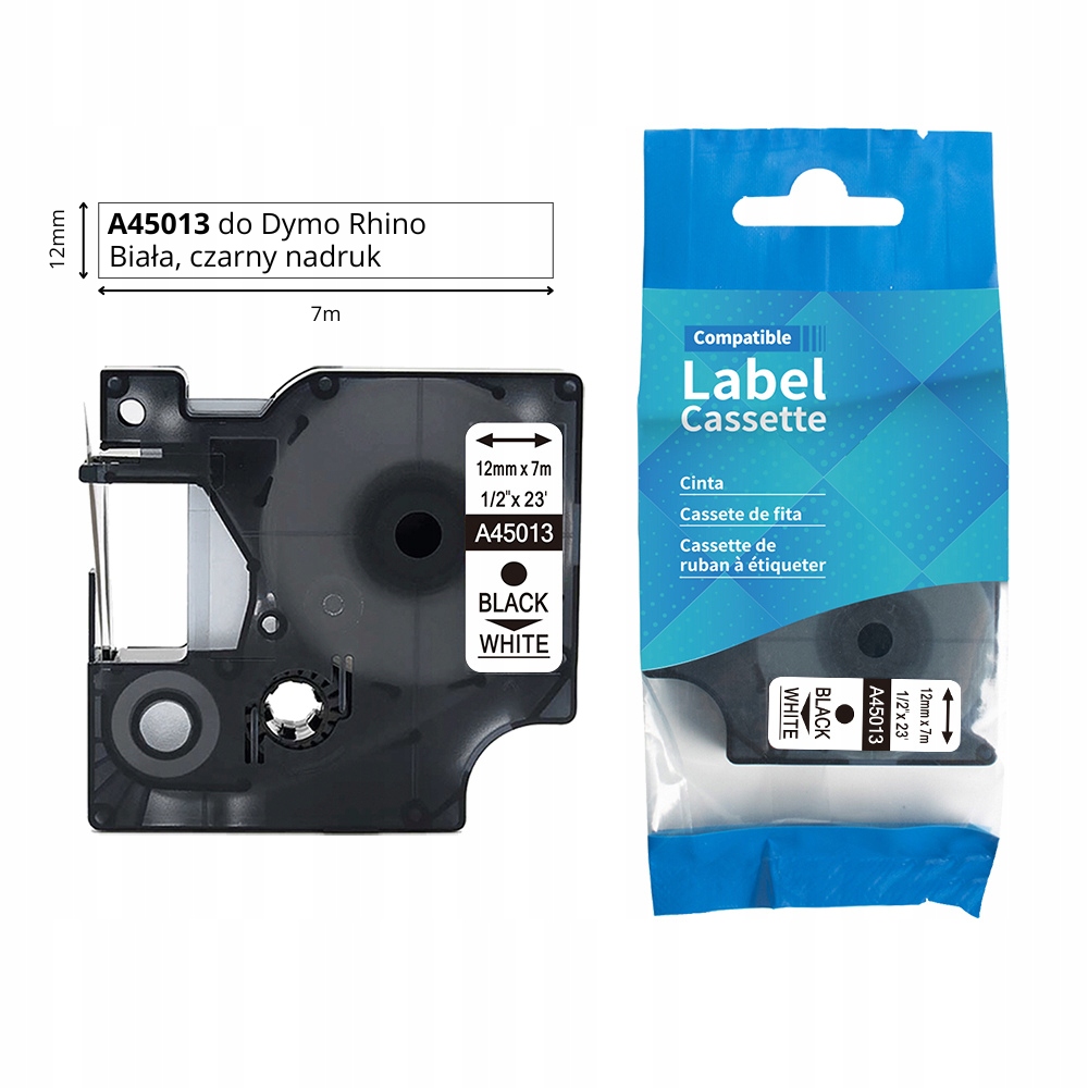 Taśma laminowana biała czarny nadruk 12mm x 7m A45013 do DYMO RHINO ...