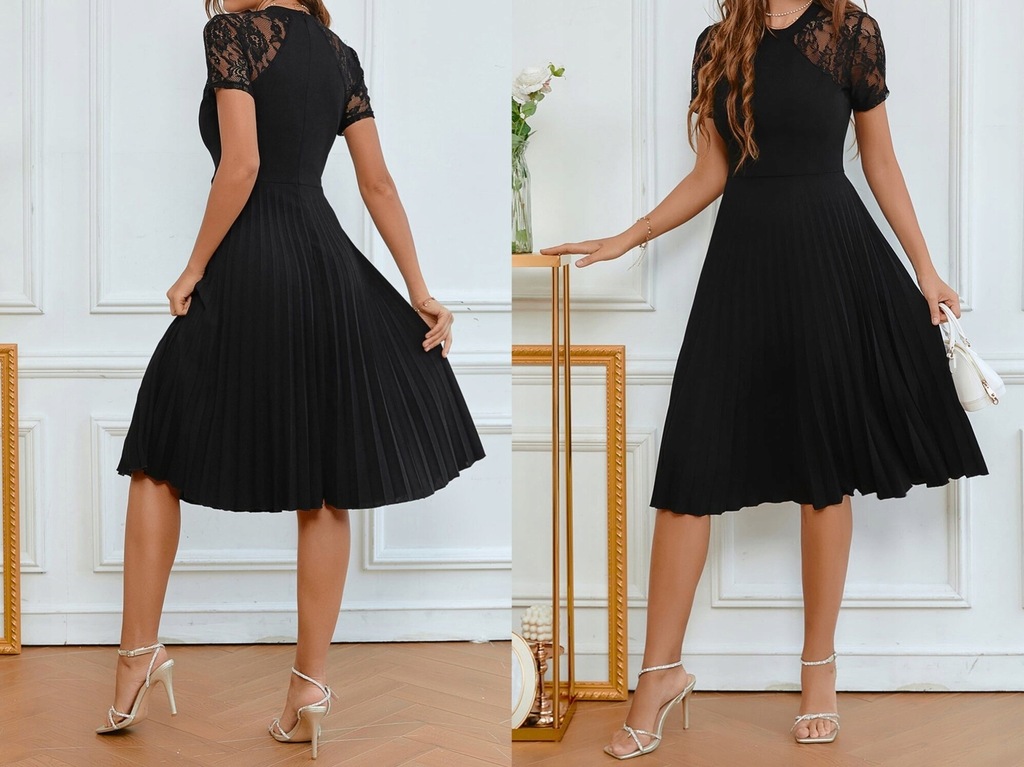 Shein czarna plisowana sukienka midi z koronką M - 13652337665 - oficjalne archiwum Allegro