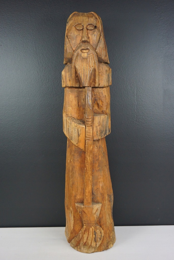 Dziad z miotłą duża rzeźba ludowa 66.5cm rękodzieło 1978 PRL sztuka ...