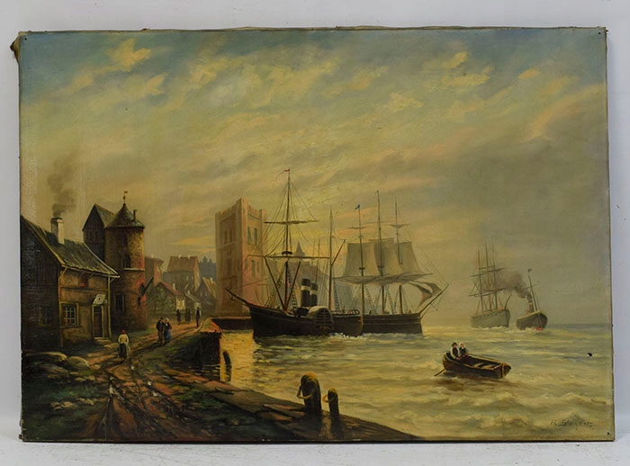 XIXw. Stary obraz statki w zatoce Olej 94,5x66 cm - 12131900168 ...