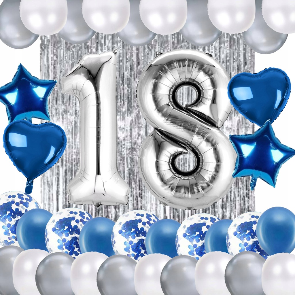 ZESTAW BALONY na 18 URODZINY SREBRNE NIEBIESKIE - 10915063400 - oficjalne archiwum Allegro
