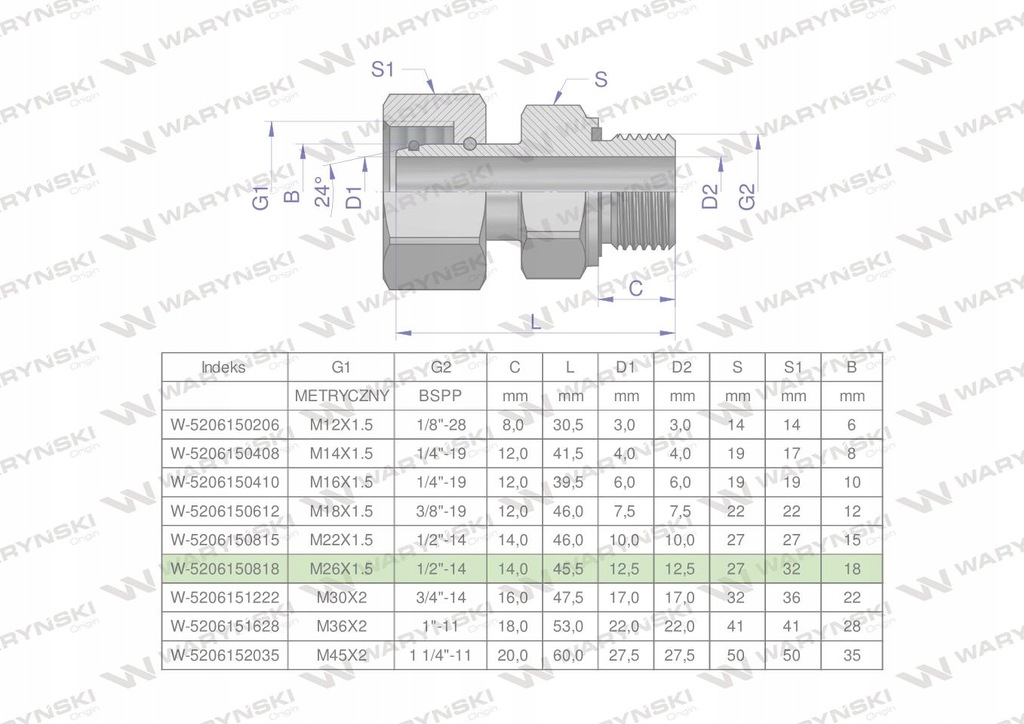 Przyłączka hydrauliczna AB (EVGE) M26x1.5 18L x 1/2" BSP ED Waryński - 14541918640 - oficjalne ...