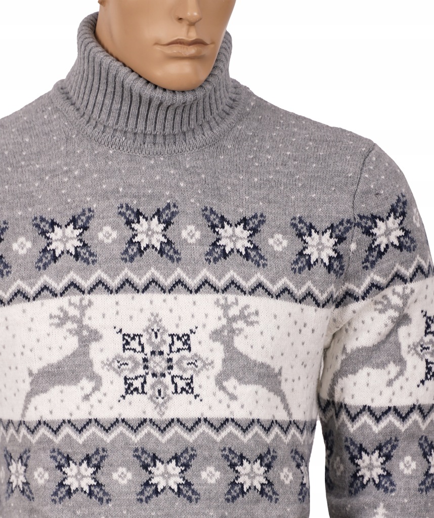 SWETER MĘSKI ŚWIĄTECZNY GOLF WEŁNIANY SIWY RENIFER TURECKI WZÓR ...