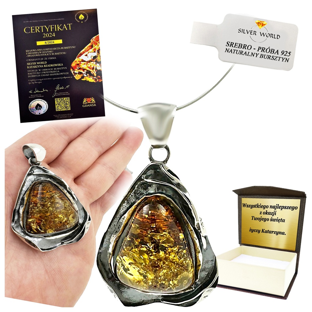 WISIOREK SREBRNY Z BURSZTYNEM NATURALNYM ŁEZKA KONIAK UNIKAT + GRAWER ...