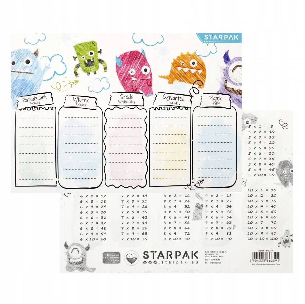 Plan lekcji z tabliczką mnożenia A5 Monster STARPAK 495016 - 14472623305 - oficjalne archiwum ...