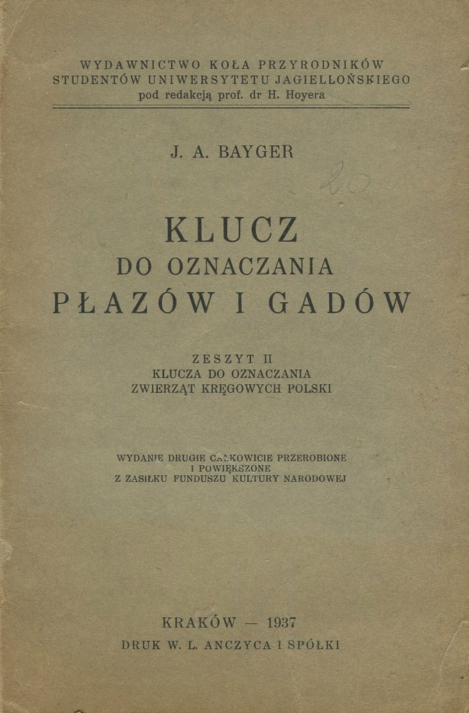 Bayger KLUCZ DO OZNACZANIA PŁAZÓW I GADÓW 1937 - 13752534349 ...