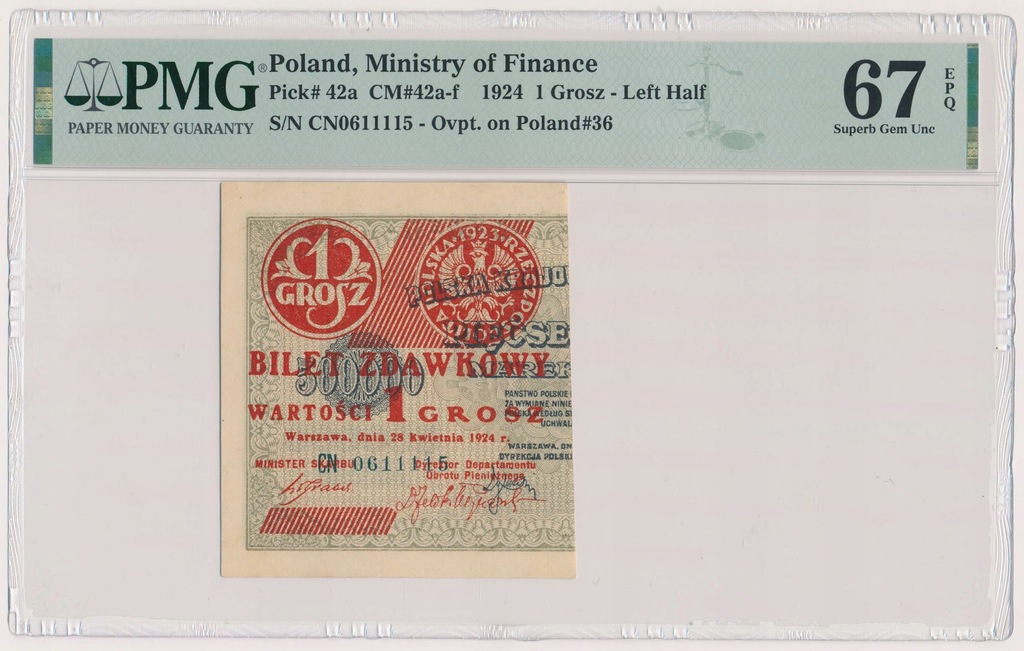 9104. 1 grosz 1924 - CN - lewa połowa - PMG 67 EPQ - 14898798496 - oficjalne archiwum Allegro
