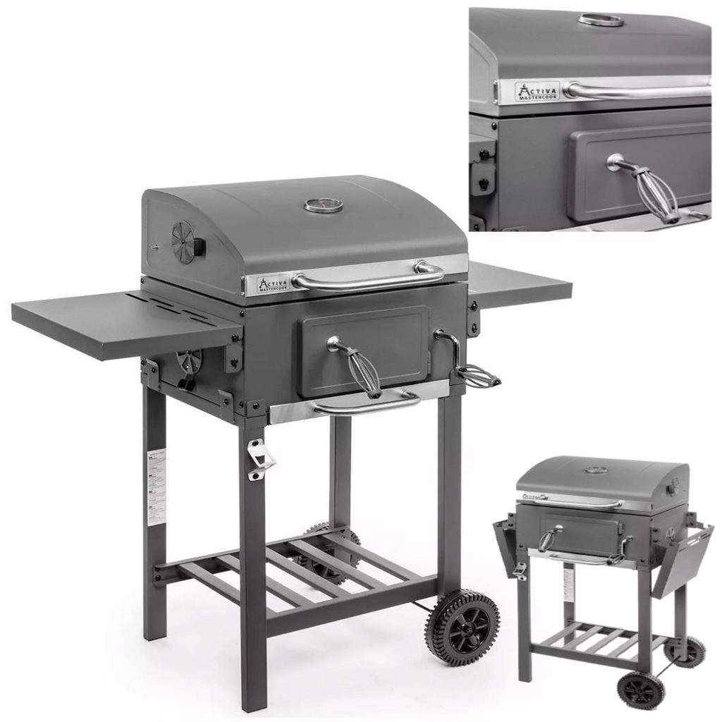 GRILL OGRODOWY WĘGLOWY Z POKRYWĄ DUŻY RUSZT na KOŁACH WIELOFUNKCYJNY ...