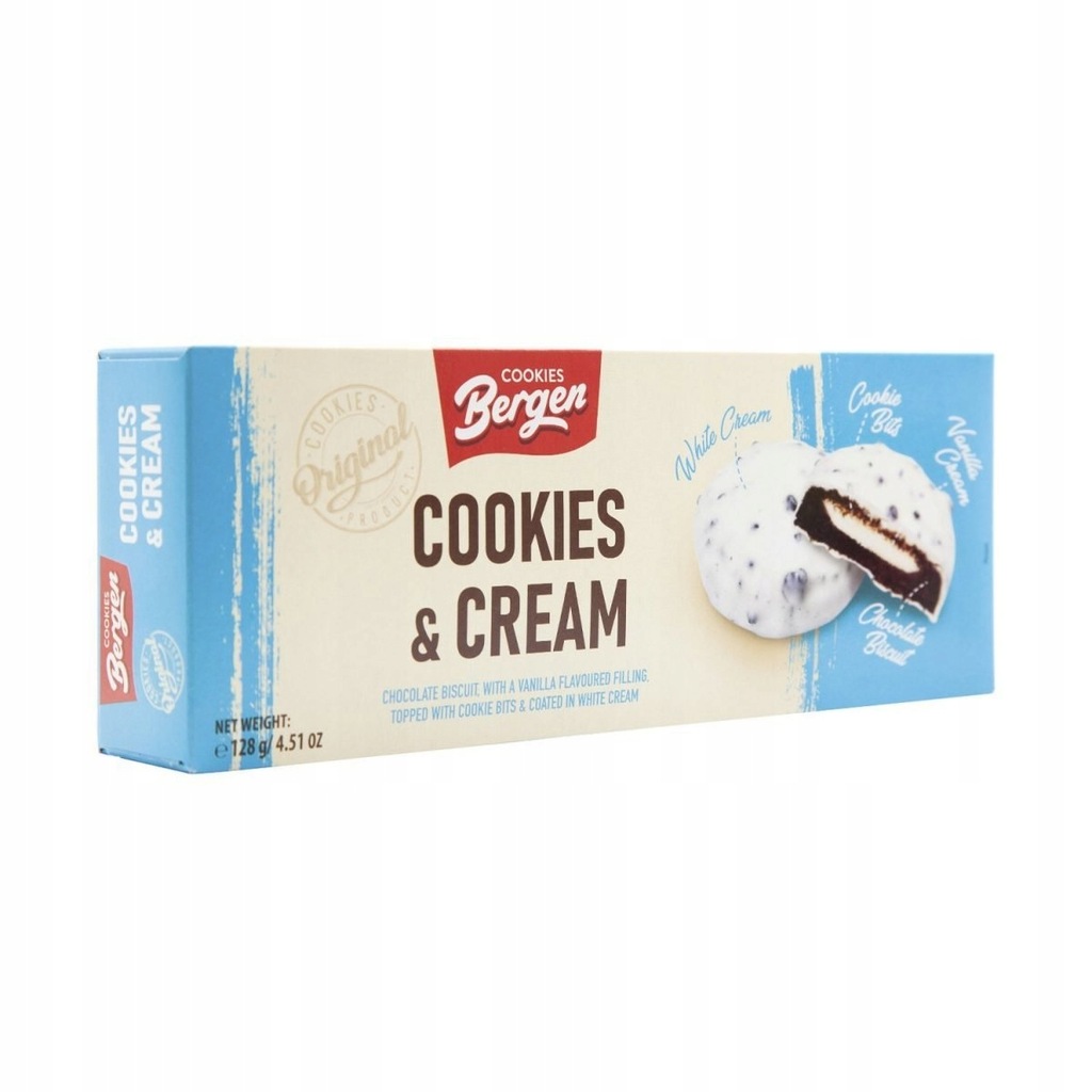 Bergen Cookies 128g COOKIES & CREAM ciastka kakaowe z kremem mlecznym ...