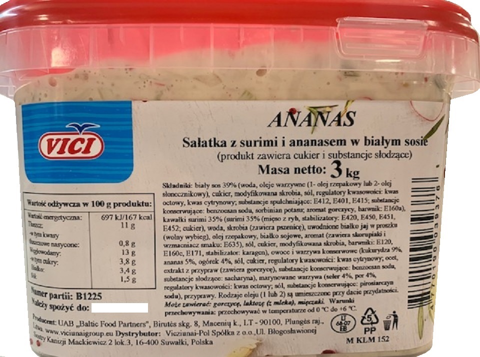 SAŁATKA Z SURIMI I ANANASEM W SOSIE 3KG VICI - 12158045421 - oficjalne archiwum Allegro