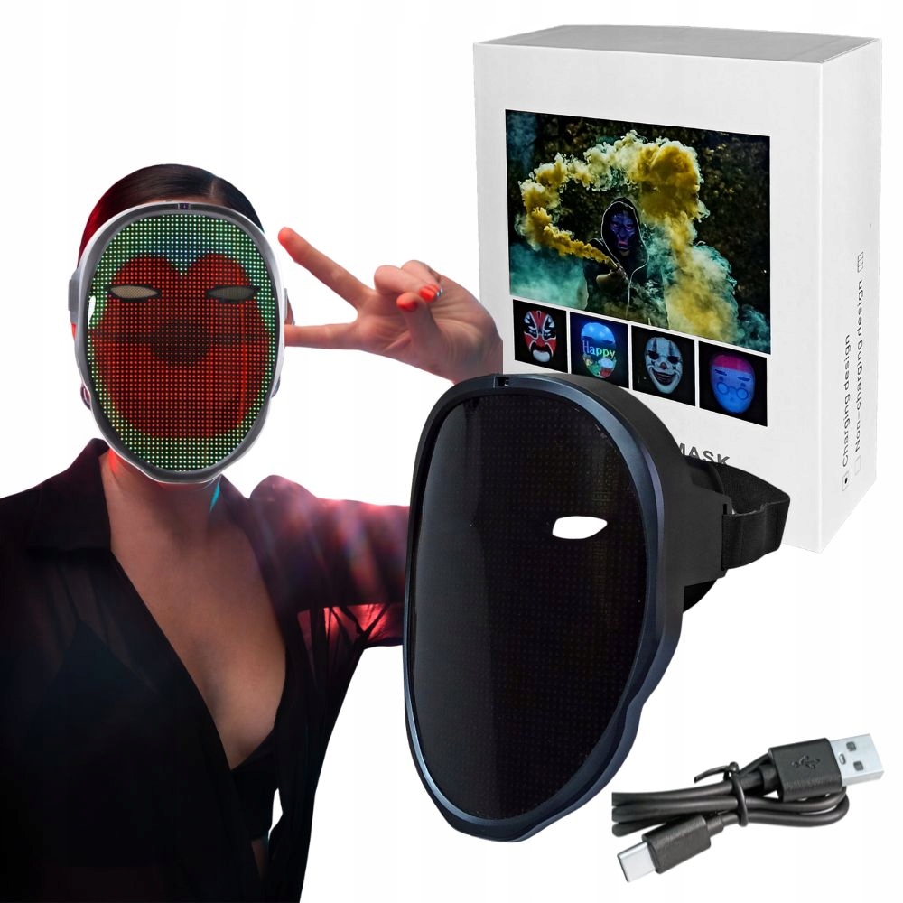 Maska LED RGB na twarz Programowalna Bluetooth 45 trybów wyświetlania ...