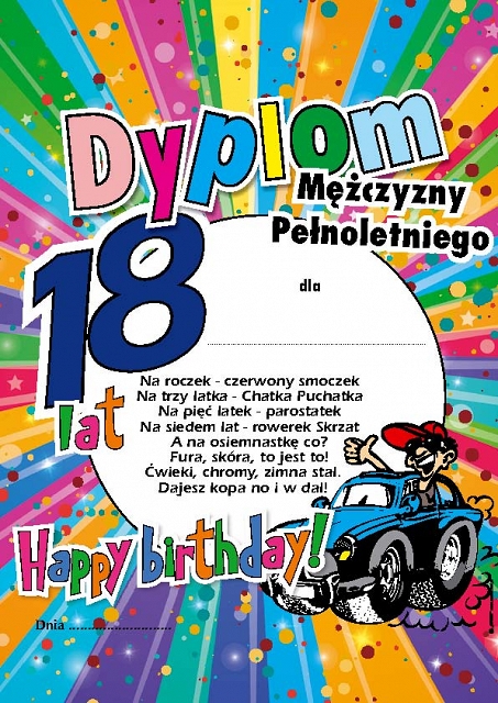 dyplom 18 urodziny prezent MĘŻCZYZNY PEŁNOLETNIEGO - 7437449839 - oficjalne archiwum Allegro