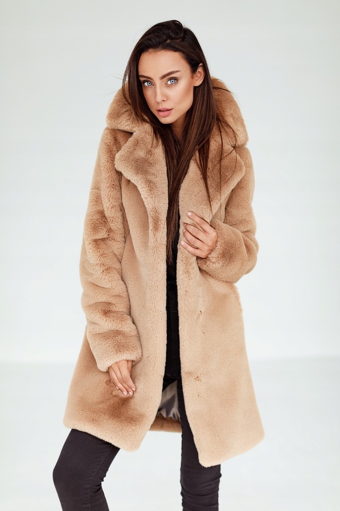SZTUCZNE FUTRO DAMSKIE PLUSZOWY PŁASZCZ CAMEL M - 8691704830 ...