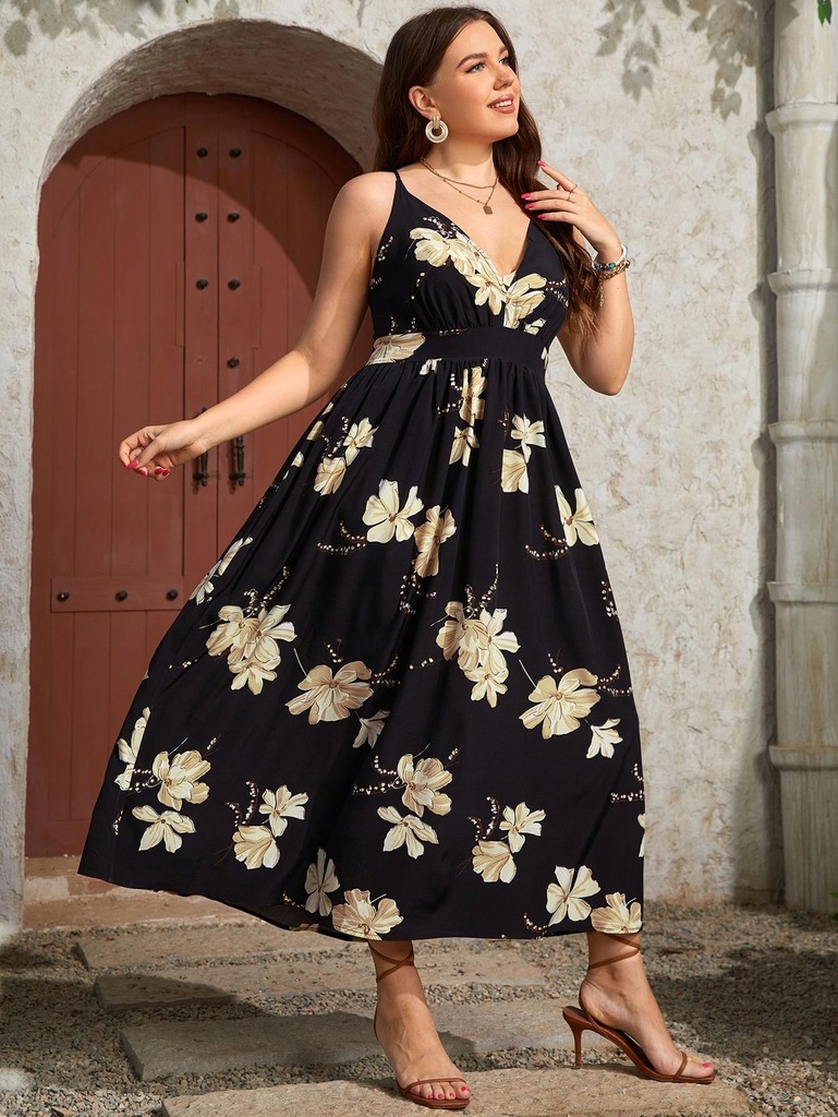 CZARNA SUKIENKA MIDI ELEGANCKA BEZ PLECÓW WZÓR KWIATY RAMIĄCZKA SHEIN 44 - 15420370977 ...