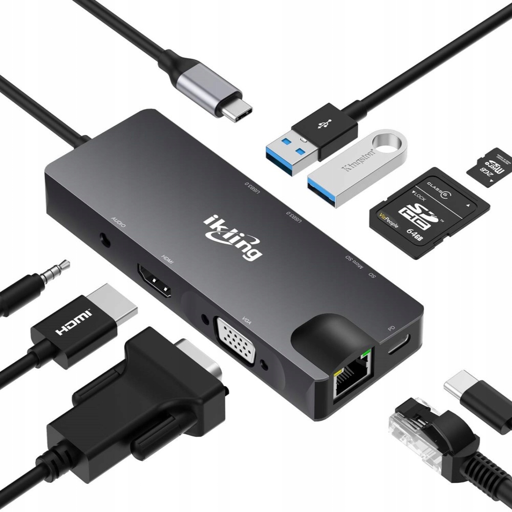 Stacja dokująca HUB USB-C USB 3.0 RJ45 VGA HDMI - 14614525084 - oficjalne archiwum Allegro