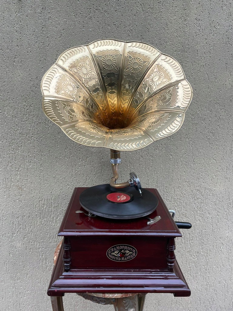 GRAMOFON , PATEFON KWADRATOWY, ZŁOTA ZDOBNA TUBA - 11842637046 ...