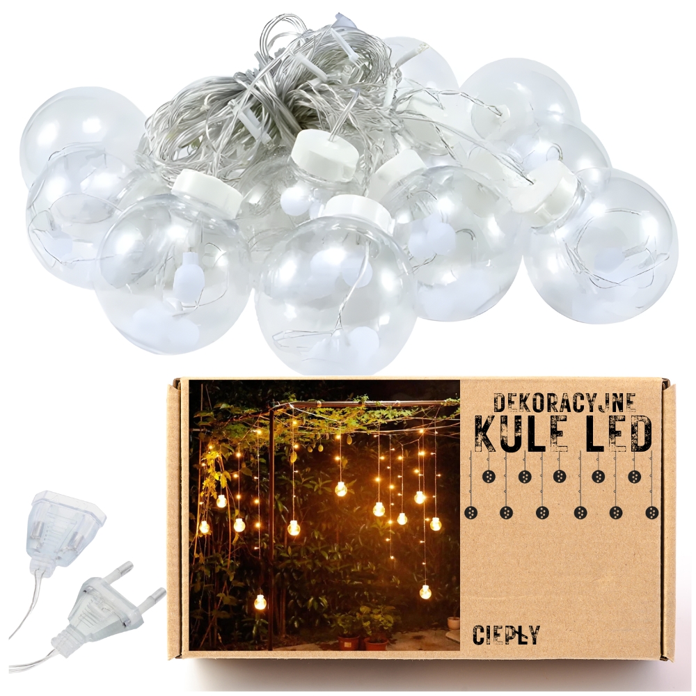 LAMPKI ŚWIĄTECZNE KURTYNA ŚWIETLNA KULE BOMBKI LED GIRLANDA CIEPŁE BIAŁE - 16814533486 ...