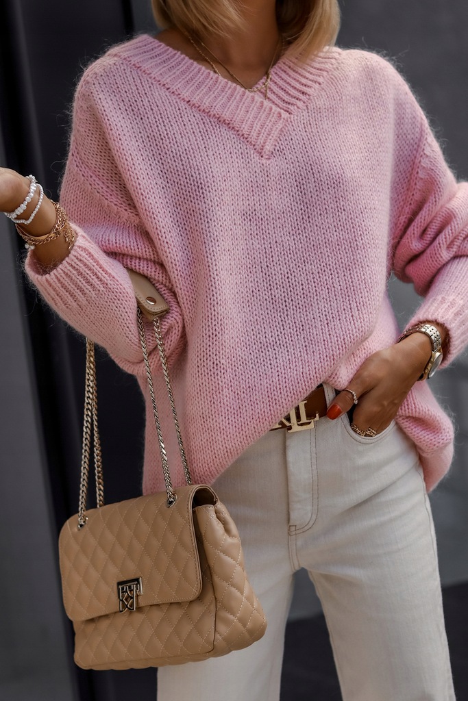 SWETER WEŁNIANY MOHER Różowy PREMIUM V-DEKOLT - 12300389527 - oficjalne ...