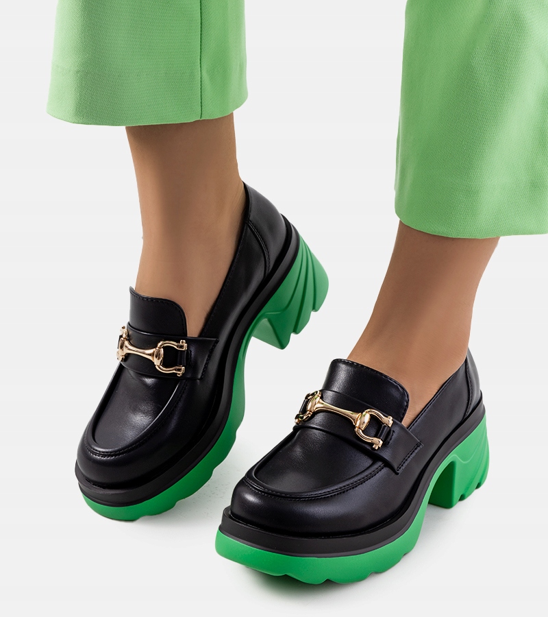 Czarne damskie półbuty zielona podeszwa D7922 38 - 12536540832 ...