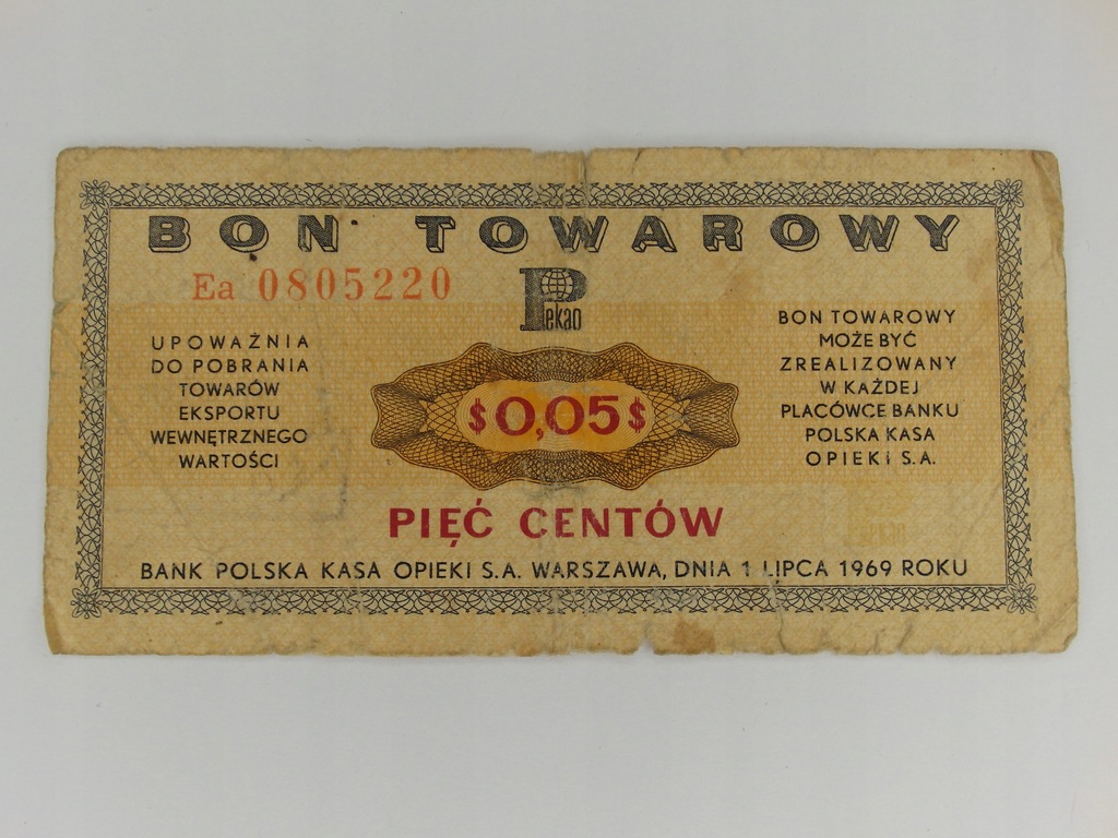 Polska - Pewex - bon towarowy - 5 centów 1969 - seria Ea - 14471687213 ...