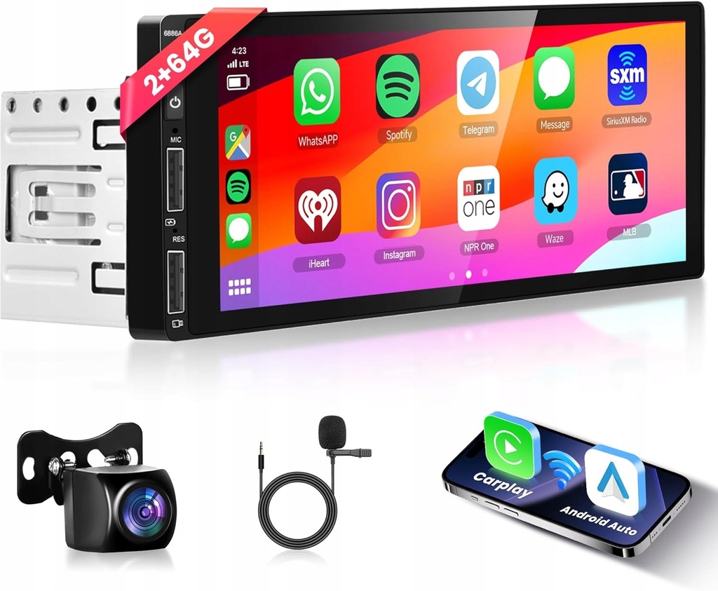 Radio samochodowe Hikity 6288A 6,9" 1-DIN Android Auto Carplay USB-C ...