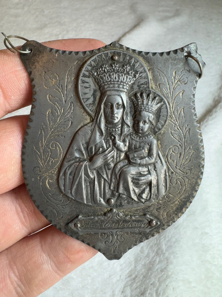 Metalowy ryngraf Matka Boska Częstochowska, pamiątka z Częstochowy ...