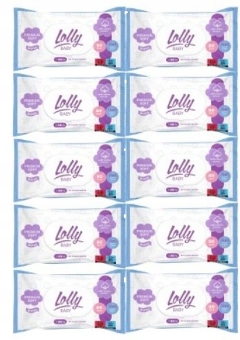 10x Chusteczki Nawilżane Lolly Baby Premium Soft z klipsem 99% wody 800 ...