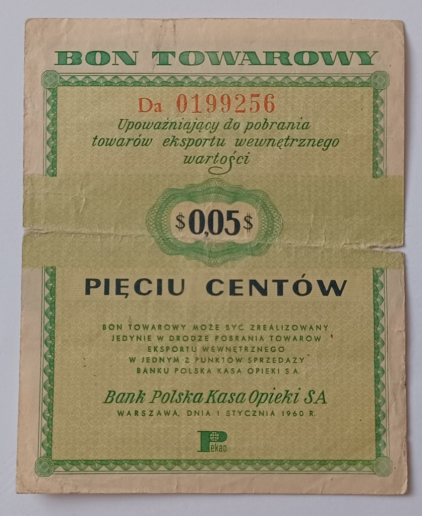 Bon Towarowy PEWEX 5 Centów 1960 rok SERIA: Da - 13020046453 ...