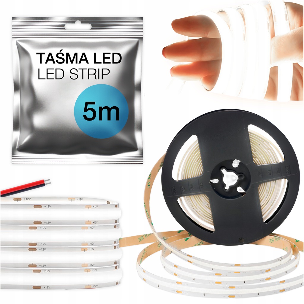 Taśma LED COB 5m 12V 230V LEDY NEON BIAŁA Zimna 6000K MOCNA 4500lm 50W - 15511800706 - oficjalne ...