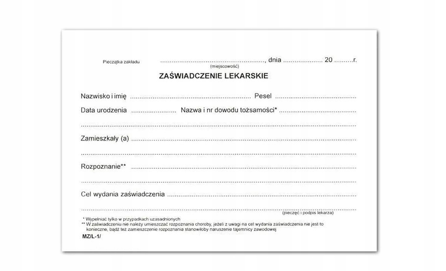 ZAŚWIADCZENIE LEKARSKIE A6, MZ/L-1 - 13290754716 - oficjalne archiwum ...