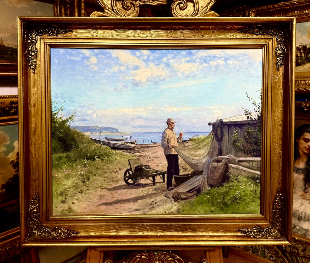 NIELS WALSETH - SCENA Z RYBAKIEM PRZY MORZU BARDZO CENNY OBRAZ I RAMA ...