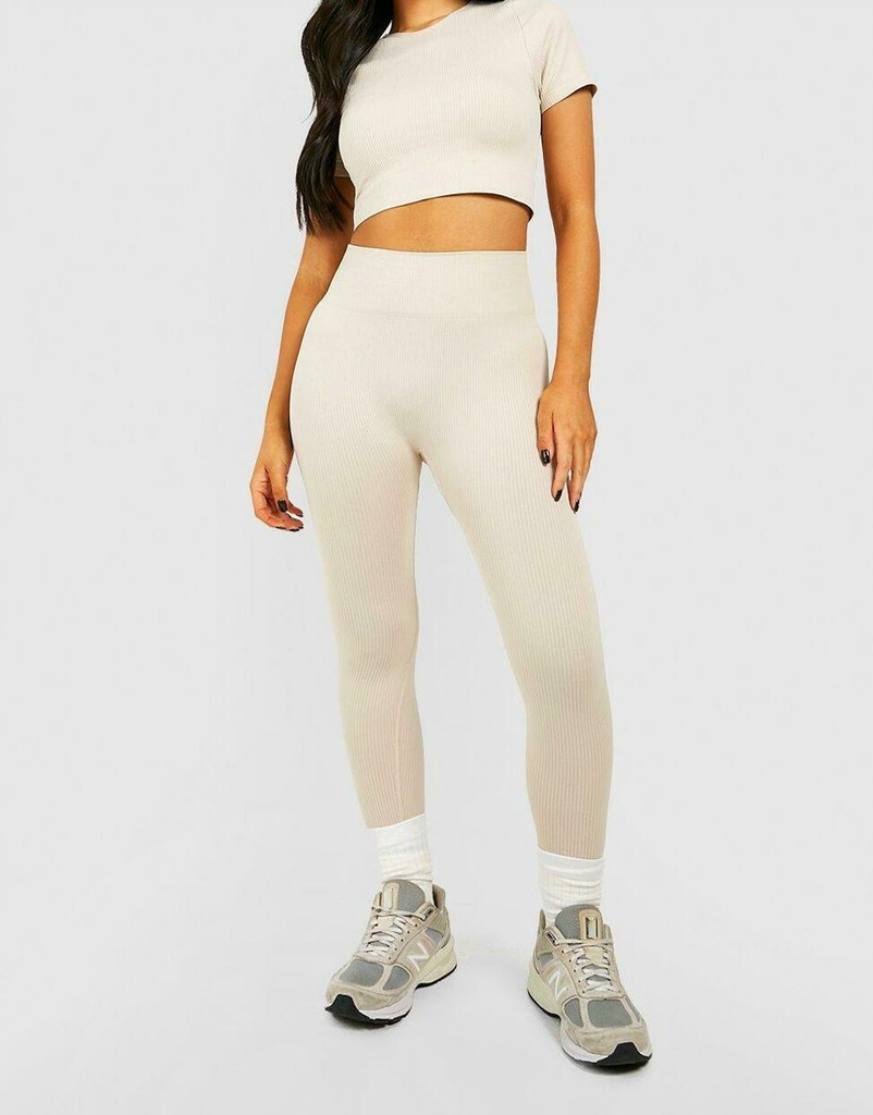 BEŻOWE PRĄŻKOWANE LEGGINSY KLASYCZNE WYSOKI STAN FITNESS BOOHOO M - 16465014898 - oficjalne ...