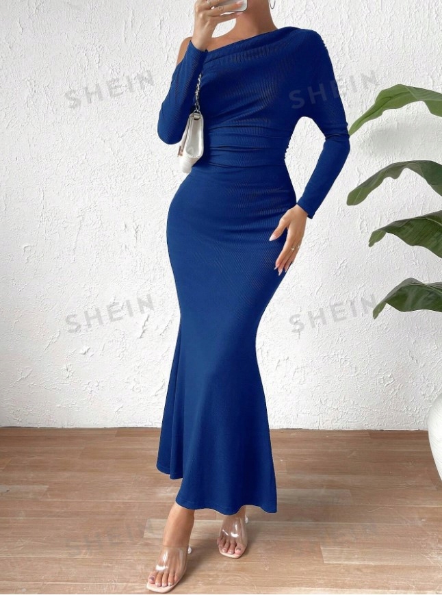 SUKIENKA NIEBIESKA MAXI DŁUGI RĘKAW ASYMETRYCZNY DEKOLT SHEIN 36 - 16479536600 - oficjalne ...